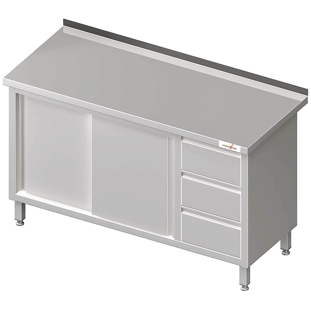 GASTROXTREM Edelstahl Arbeitsschrank mit Schiebetüren und 3er Schubladenblock - versch ...